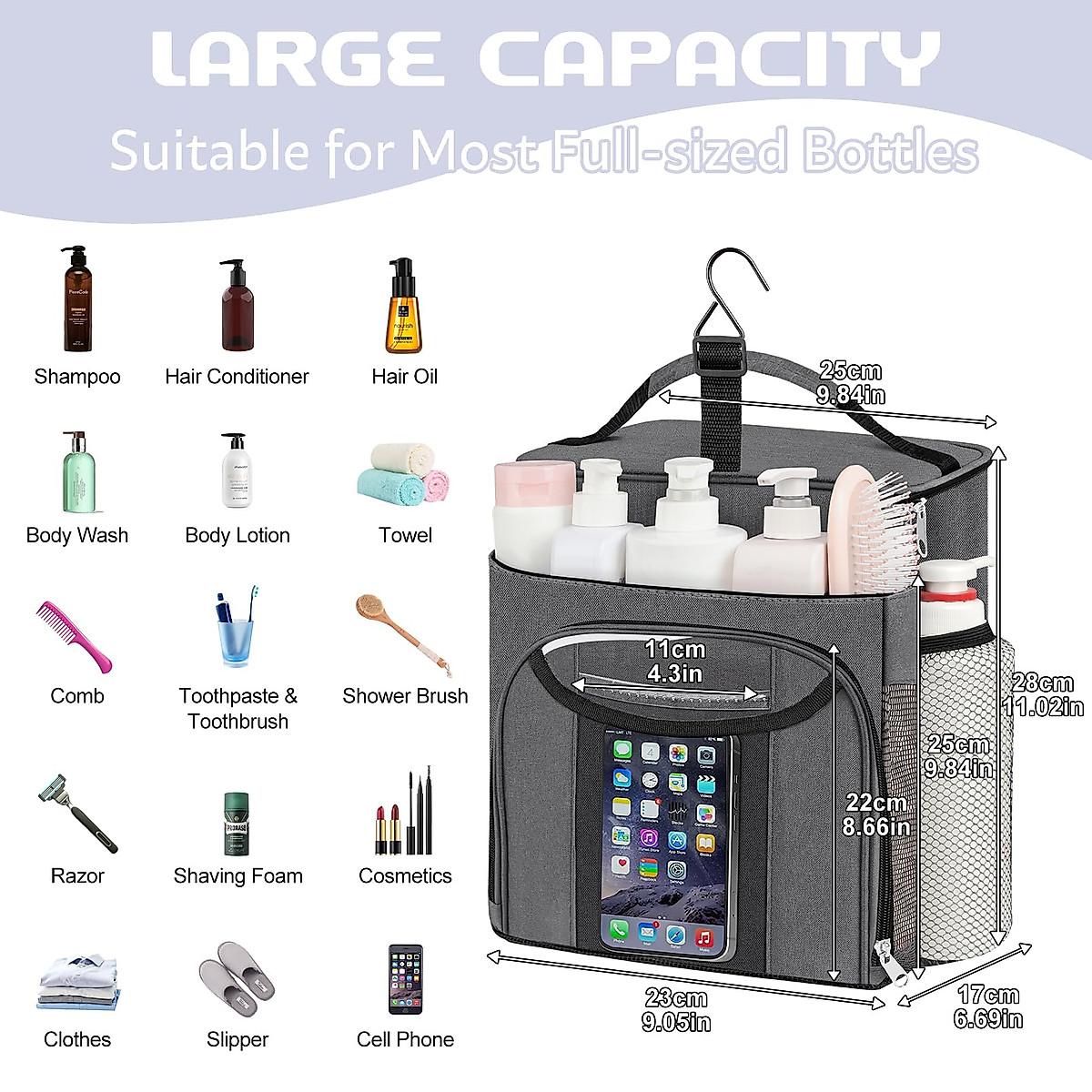 Attmu Large Capacity Portable Shower Caddy Dorm for College Essentials, Separate Compartment Hanging Toiletry Bag for College Student Camping Gym Travel Essentials (Gray)