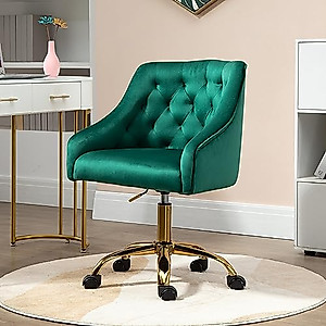 SSLine Modern Cute Desk Chair Home Office Mid-Back Computer Chair on Wheels Elegant Velvet Fabric Task Chair Living Room Upholstery Swivel Chair Vanity Chairs for Girls Women (V Type-Green&Gold)