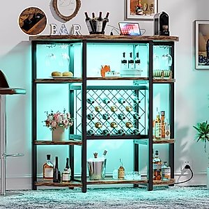 Unikito Wine Rack Freestanding Floor with Oulet and Two LED lights, 4 Tier Industrial Wine Bar Cabinet with Display Shelf, Bar Stand For Liquor, Wine Stand For Kitchen Dining Living Room, Rustic Brown
