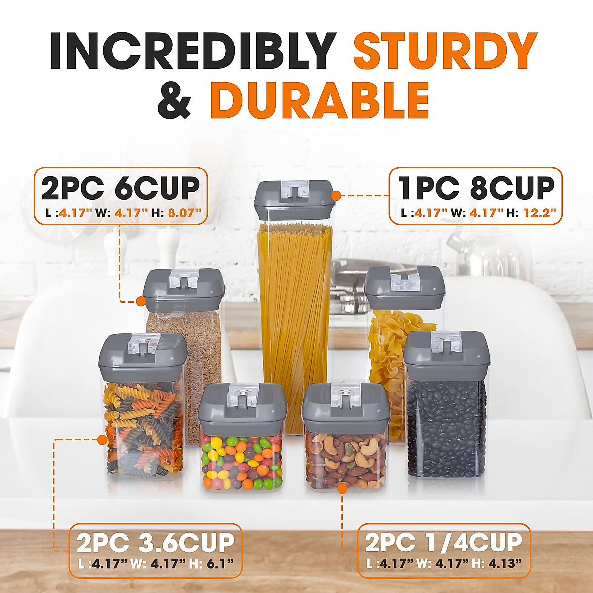 Cheer Collection Airtight Food Storage Containers, Kitchen Storage Containers for Pantry, Set of 7 Food Containers with Lids Airtight, Pantry Storage Containers & Organizers with Lids, Gray