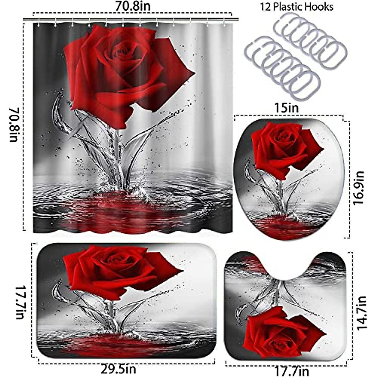 XVWJ 4PCS Water Red Rose Bathroom Shower Curtain Sets, Bathroom Sets with Shower Curtain and Rugs, Toilet Lid Cover Bath Mat, Waterproof Fabric Floral Shower Curtains with Bath Mat Sets