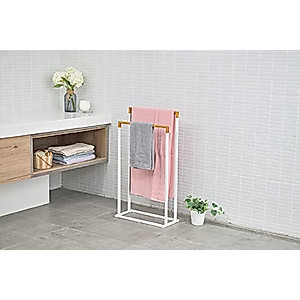 ikloo 33 Inch 2-Tier White Metal Freestanding Bathroom Towel Rack Stand with Bamboo Wood Bar, Laundry Room Drying Rack Holder, Bathroom Storage Organizer.