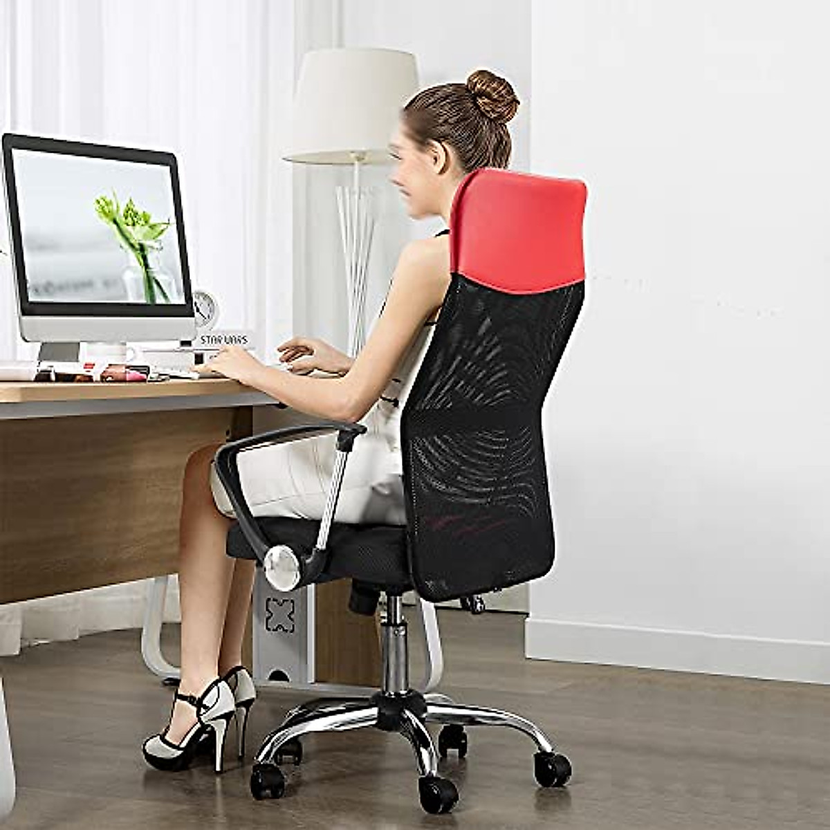 Yaheetech High Back Ergonomic Office Chair Mesh Back Swivel Task Chair Executive Rolling Chair Gaming Chair with Lumbar Support, Leather Seat