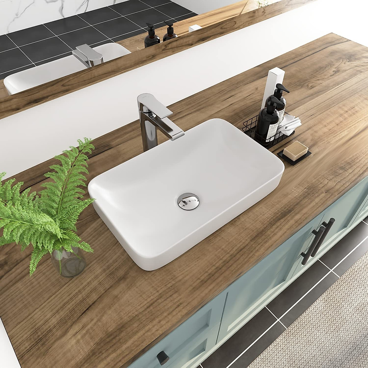 Bathroom Vessel Sink, DeerValley 19'' x 12'' Semi Recessed Bathroom Sink Rectangular White Ceramic Vessel Sinks for Bathroom Modern Bath Sink Bowl Vanity Sink Above Counter Basin DV-1V0047