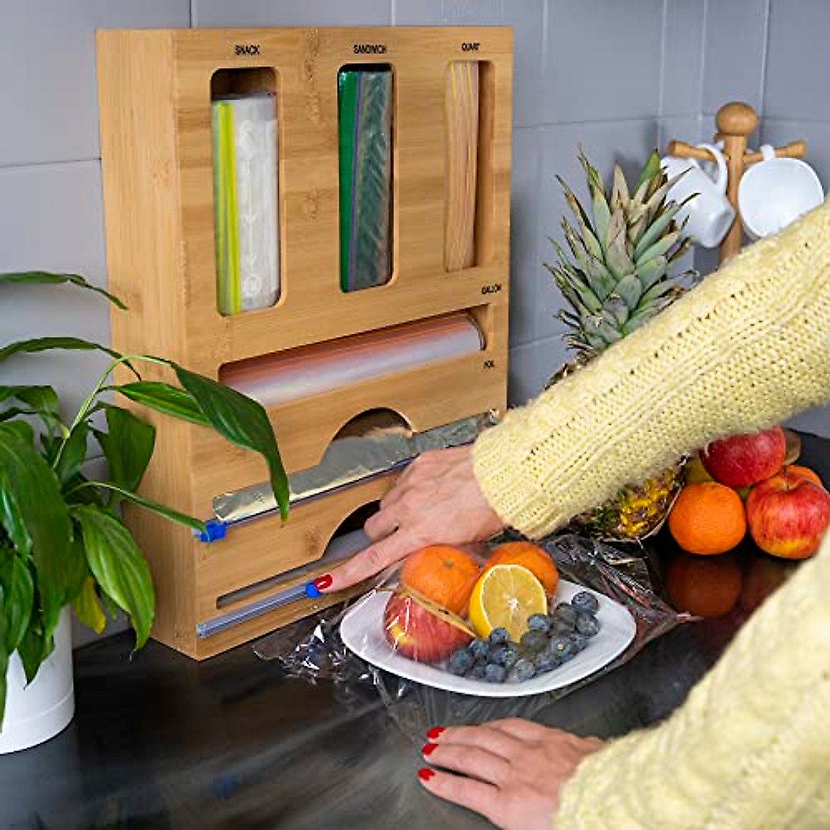 Spotted Armadillo Ziplock bag Organiser and Foil Dispenser - 6 in 1 Design - 3 Drawer Dividers Gift - for Quart, Gallon, Sandwich, Freezer size bags and Kitchen Rolls 12 inches wide