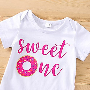 AISLUBXM Baby Girl Birthday Donut Outfit Short Sleeve Sweet One Romper Doughnut Shorts/Flared Pants Headband 3Pcs Set (Shorts, 9-12 Months)