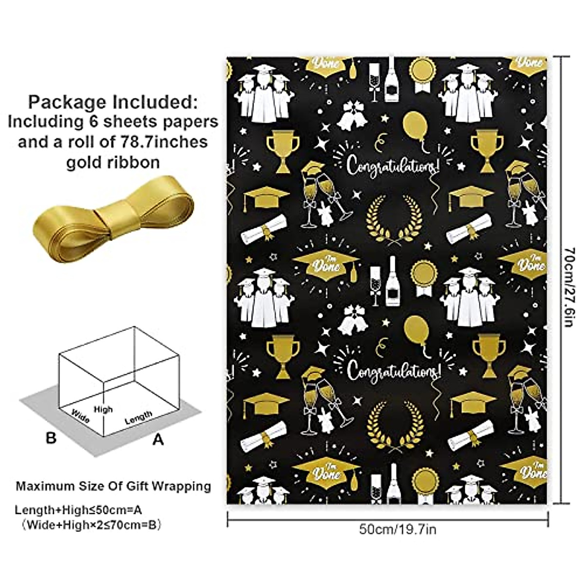 NEPOG 2022 Graduation Gift Wrapping Papers, 6 Sheets Black and Gold Gift Wrap Papers, 20 x 28 inch per sheet Folded Paper with 1 Roll Gold Ribbon for Graduation Party Gift Wrap DIY Craft