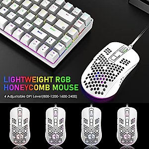 Mechanical Gaming Keyboard and Mouse Combo with 20 Rainbow Backlight 84 Key Anti-ghosting Ergonomic Waterproof Type-C Wired 2400 DPI Honeycomb Mice for PC Mac Gamer Computer Typist(White/Blue Switch)