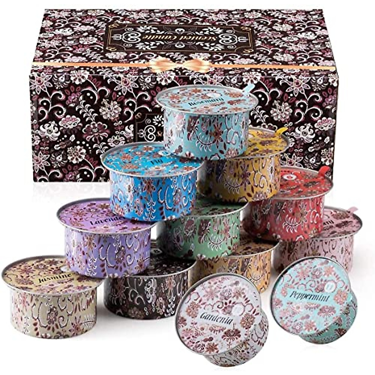 Gift Package Scented Candles Lemon, Fig, Lavender, Spring Fresh,Rose ，Jasmine，Vanilla，Bergamot，Strawberry, Peppermint, Rosemary, Gardenia Natural Soy Wax Portable Travel Tin Candle,Set of 12
