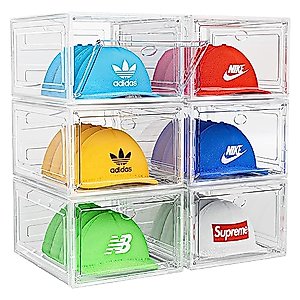 Hat Organizer Box Upgrade Harder Solid Plastic, 6 Pack Hat Organizer for Baseball Caps, Clear Hat Storage, Baseball Cap Organizer with Magnetic Door, Hat Rack, Hat Holder, Hat Case, Hat Box, White