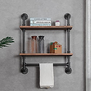 RZGY Industrial Pipe Shel with Towel Bar, 2 Tier 23.6" Towel Racks for Bathroom, Rustic Farmhouse Pipe Industrial Wall Shelves Bathroom Shelves Over Toilet for Storage