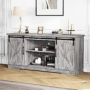 Amyove Farmhouse Stand for 65 Inch TV, Entertainment Center TV Media Console Table, Tall Stand with Storage, Barn Doors and Shelves, Grey Modern Cabinet Furniture for Living Room