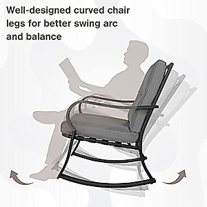 Omelaza 3 Pieces Outdoor Rocking Bistro Set, Patio Steel Furniture, Porch Chairs Conversation Set with Thickened Cushion and Glass Top Coffee Table (Grey)