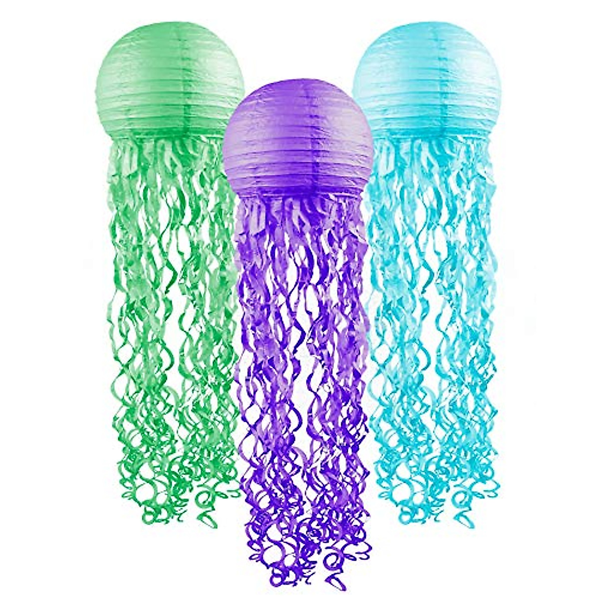 Jellyfish Paper Lanterns 3 Pack Purple Green and Blue Mermaid Under The Sea Ocean Birthday Party Decorations Supplies Easy Setup Room Décor