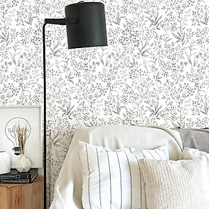 Cohoo Home Leaf Wallpaper Peel and Stick Wallpaper Boho Leaves Contact Paper for Cabinets and Drawer 17.3“×118” Gray White Floral Self-Adhesive Removable Wallpaper Bedroom Bathroom Waterproof Neutral