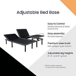 Bridgevine Home Split Flex Head Adjustable Bed Base Frame, Individual Head Incline on Either Side, Wireless Remote and Voice-Activated Controls, Queen Size