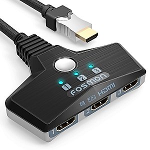 Fosmon 3-Port HDMI Switch, HDR, HDMI 2.0, HDCP 2.2, 4K@60HZ 1080p (Automatic Switching Nylon Braided Pigtail Cable) Wall Mountable Switcher Splitter with 3 Pack Durable HDMI Cable 6FT