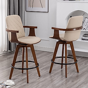 WUPOTO Bar Stools Set of 2, Upholstered Faux Leather Counter Height Bar Stools, Swivel Barstools with Wooden Arms and Legs (Beige, 30" Seat Height)