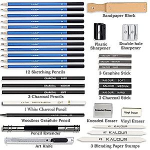 KALOUR 33 Pieces Pro Drawing Kit Sketching Pencils Set,Portable Zippered Travel Case-Charcoal Pencils, Sketch Pencils, Charcoal Stick,Sharpener,Eraser.Art Supplies for Artists Beginner Adults Teens