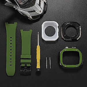 SUPWATCH Stainless Steel Case Rubber Bands Women for Apple Watch Series 8/7 45mm 44mm Accessories, Men Rm Integrated Bracelet Metal Crown Cover Mod Kit for Smart Watches 6/5/4/se (Color : Gold-b, Si