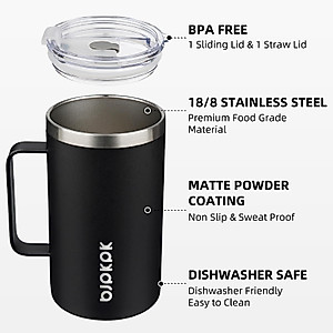 BJPKPK Insulated Coffee Mug with 2 Lids, 25oz Stainless Steel Insulated Tumbler with Handle, Double Wall Vacuum Coffee Cup, BPA Free Leak Proof Thermos for Travel & Home, Black