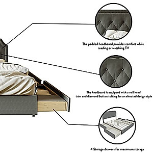 DG Casa Ardon Upholstered Platform Bed Frame with Storage Diamond Button Tufted Nailhead Trim Adjustable Height Headboard Full Wooden Slats - Queen Size Bed in Grey Fabric