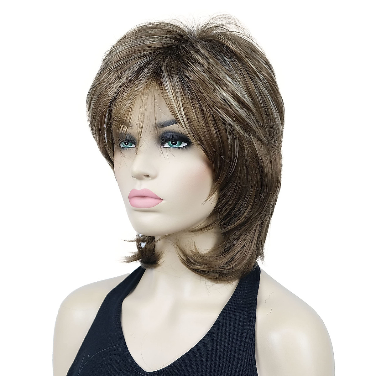 Lydell 16" Long Straight Wigs Soft Shaggy Layered Wigs Classic Cap Full Synthetic Hairpieces (12TT26 Brown with Highlights)