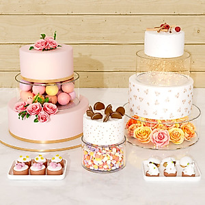 2PCS Acrylic Fillable Cake Stand Cake Riser Cake Tier, Round Cylinder Display Riser Display Box, Decorative Centerpiece for Wedding Birthday Party (10" Dx4 H inch, 6" Dx4 H inch, 2M LED Lights)