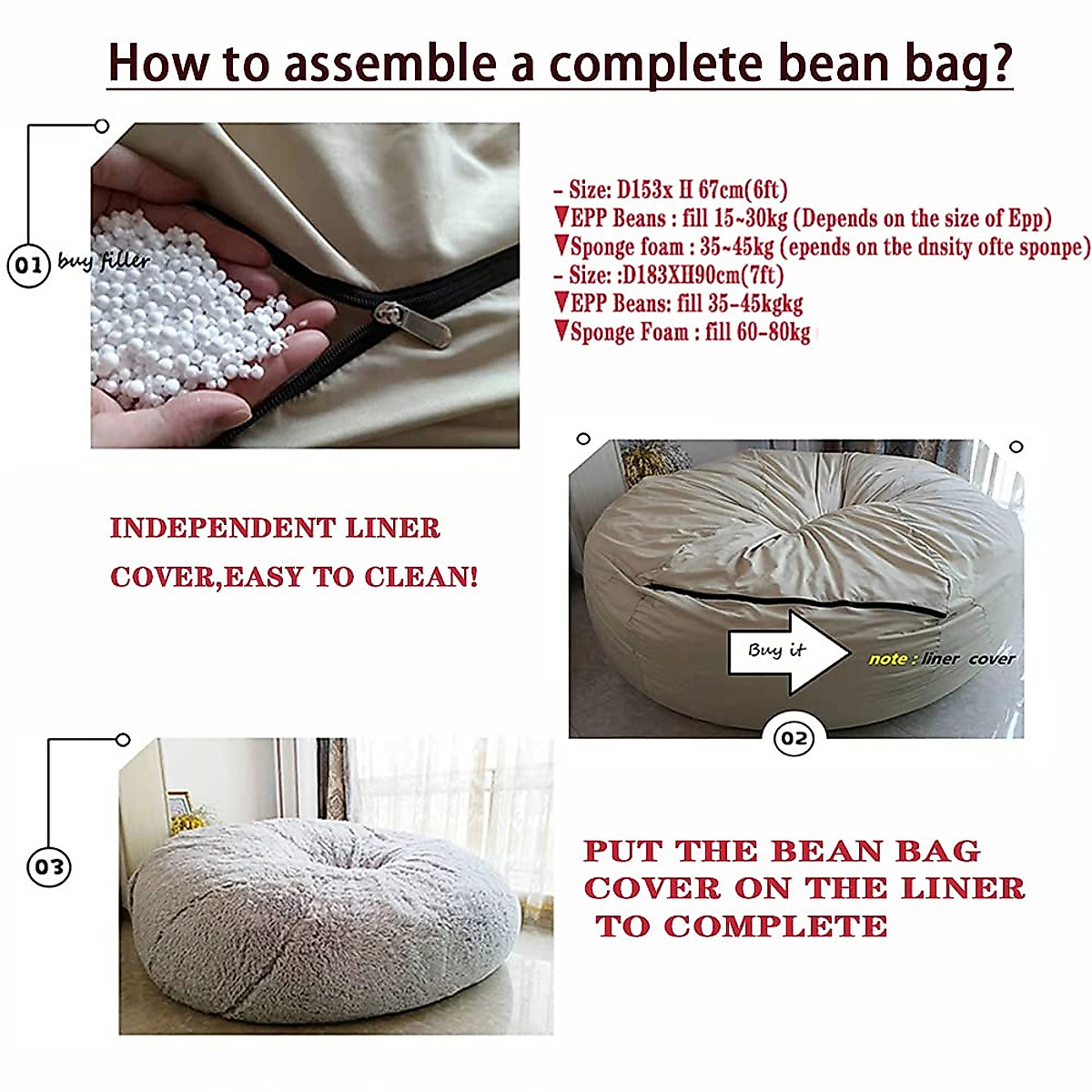 WUTTLE Bean Bag Inner Liner Cover(No Filler), 6 7ft Inner Liner for Bean Bag Chair Couch Cover Seat Lazy Sofa High Capacity Replacement Cover with Zipper (Size : D180H90CM)
