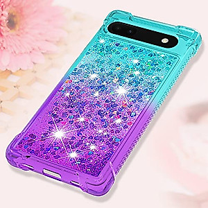 CAIYUNL for Google Pixel 7a Case with Screen Protector, Glitter Bling Floating Liquid Women Girls Soft TPU Slim Cute Phone Case Shockproof Protective Cover for Google Pixel 7a (2023)-Blue/Purple
