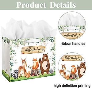 13" Large Baby Boy Girl Gift Bag for Baby Shower or Birthday with Handle, Tissue Paper and Greeting Card (Woodland Animals Sage Green Design)
