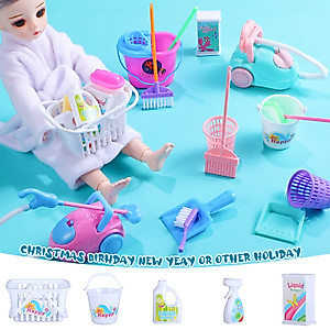 22 Pieces Miniature Bucket Doll Housework Cleaning Supplies Mini Dollhouse Accessories Mop Dustpan, Brush, Broom, Bucket Dollhouse Furniture Decoration Accessories for Dolls Pretend Play, Random Color