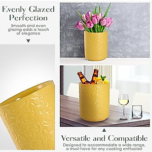 MEIGUI Kitchen Utensil Holder for Kitchen Décor, 7.2″ Extra Large Ceramic Utensil Crock for Countertop, Cooking Tool Utensil Caddy with Table-Protection Cork Mat, Farmhouse Utensil Organizer, Yellow