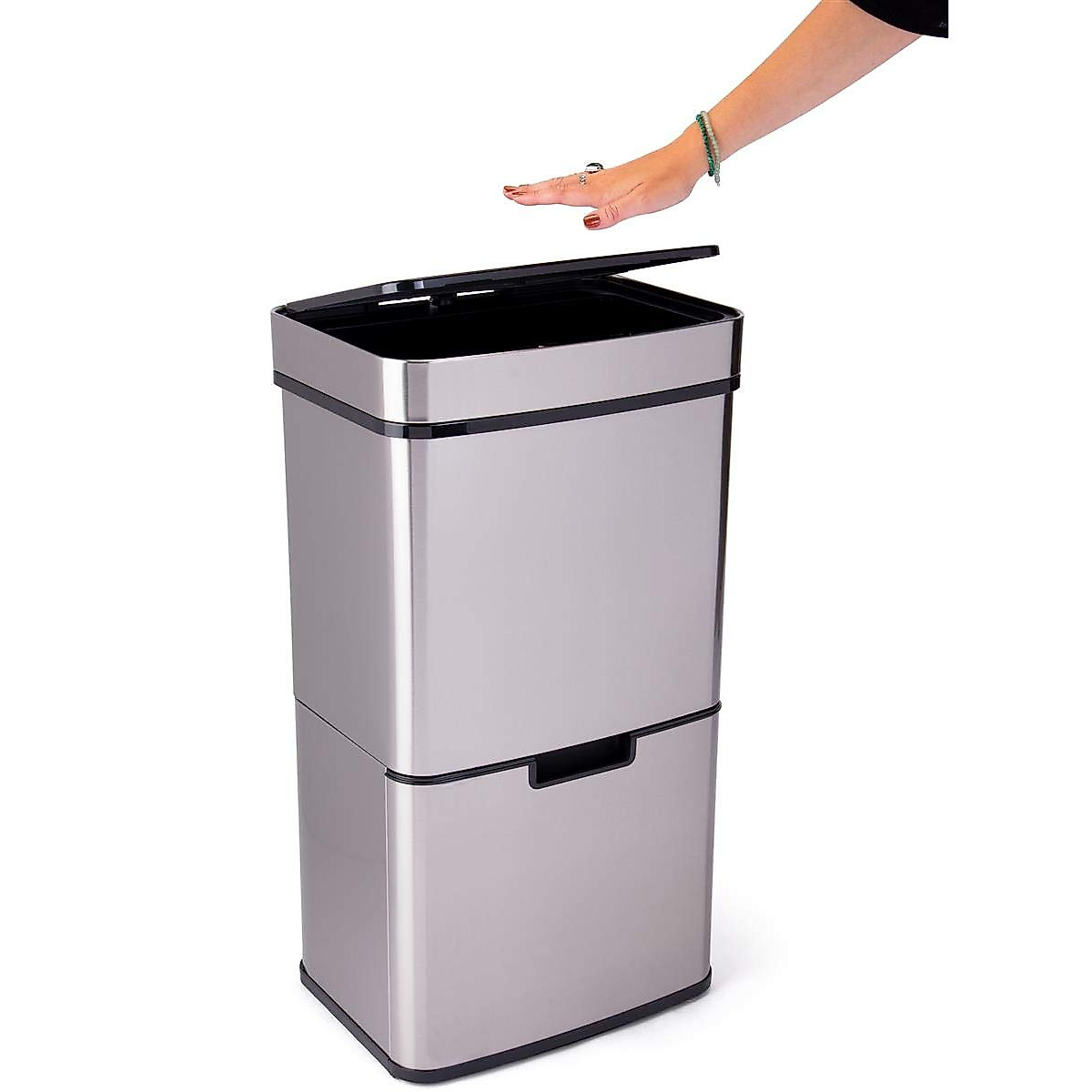 Displays2go 11 Gallon Stainless Steel Trash Bin, Motion Sensor, w/Drawer - Silver (FGETCSS67)
