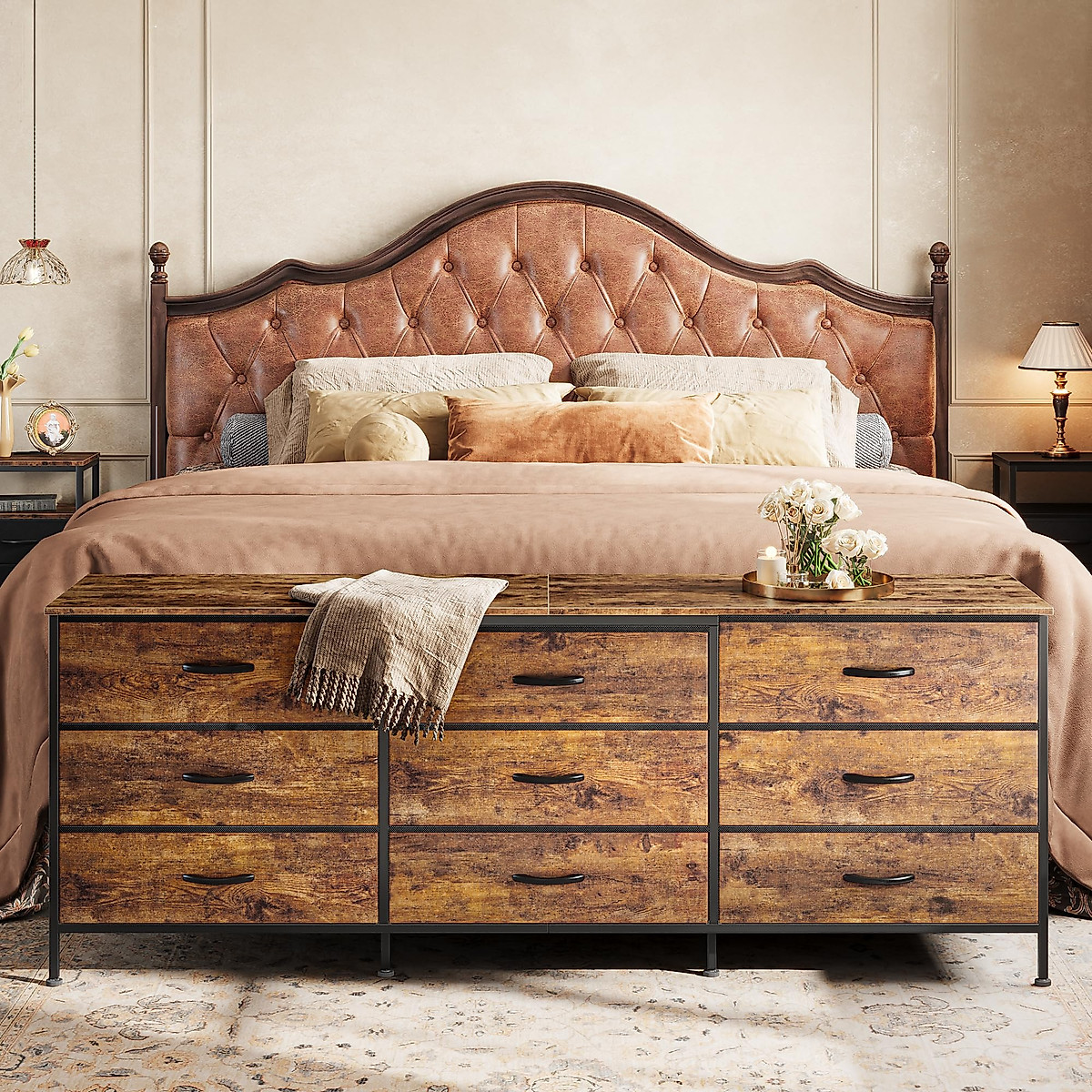 Huuger 9 Drawer Dresser, 63 Inch Dresser TV Stand for 55, 65, 70 Inch TV, Entertainment Center with Drawers, Large Long Fabric Dresser for Bedroom, Closet, Rustic Brown