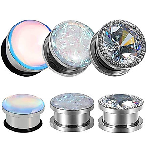 TBOSEN 6 PCS Big Cubic Zirconia Stainless Steel Screw Ear Gauges Plugs Tunnels Expander Body Piercing Jewelry Set