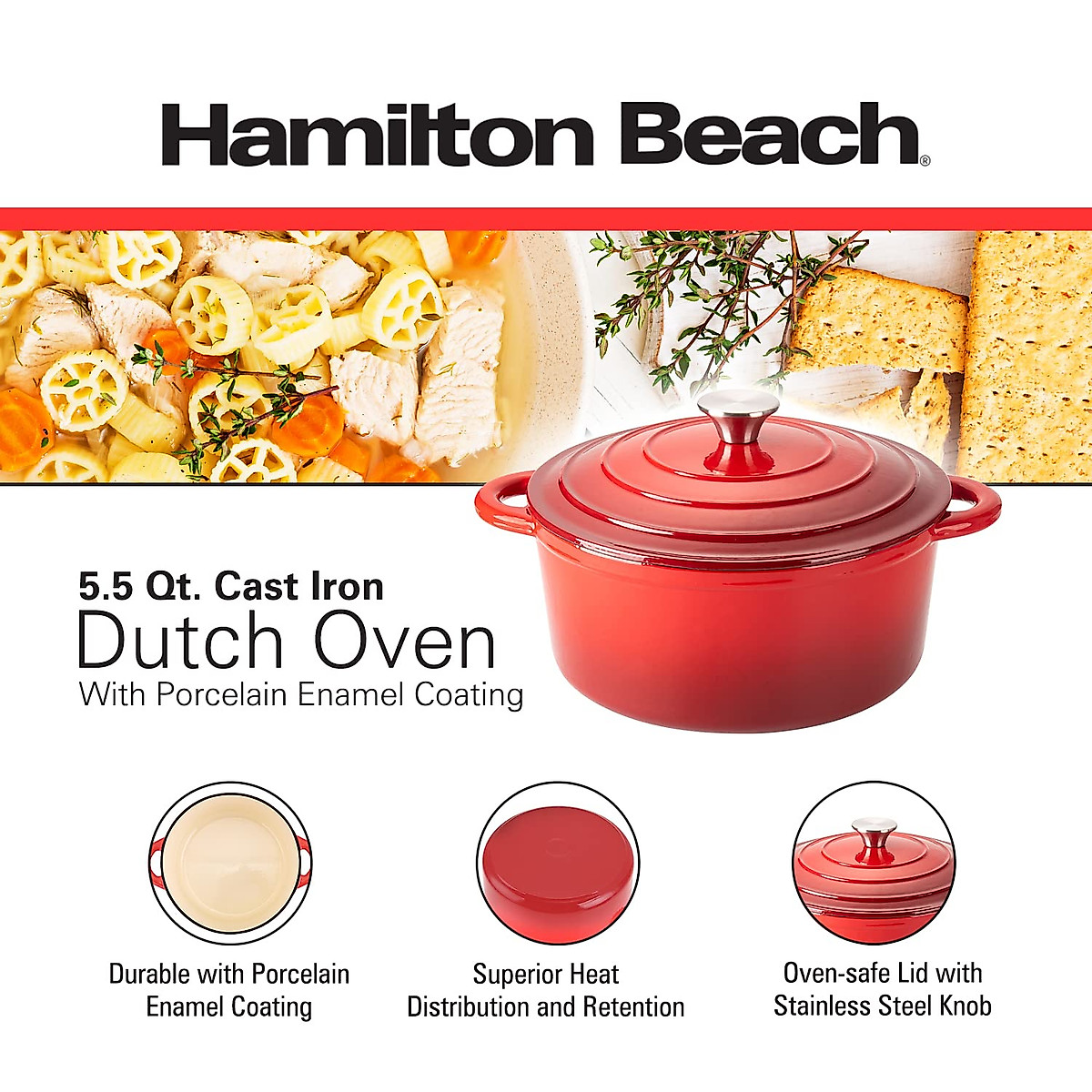 Hamilton Beach Enameled Cast Iron Dutch Oven 5.5-Quart Red, Cream Enamel Dutch Oven Pot with Lid