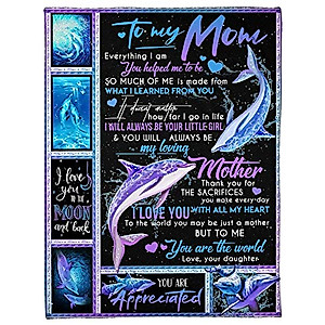 Personalized to My Mom Fleece Blanket from Daughter Art Print Dolphin Ideas for Mother Customized Blanket Soft Warm Lightweight for Sofa Bedroom Gifts Birthday Thanksgiving Mothers Day, Full