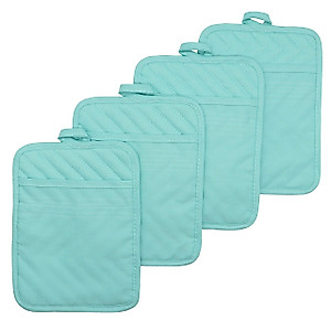 Cotton Pocket Pot Holder Kitchen Hot Pads Heat Resistant, Set of 4, Kitchen Basic Trivet for Cooking and Baking, 7”x 9” (Aqua)