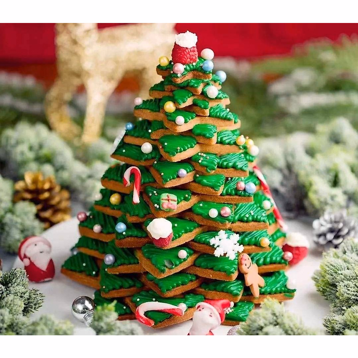 GWHOLE Gingerbread Christmas Cookie Tree Cutter Set, Star Linzer Cookie Cutters for Kids Winter Holiday Party, Set of 6