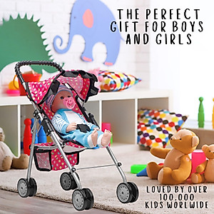 fash n kolor - My First Baby Doll Stroller - Pink Polka Dot Doll Stroller with Basket- Soft Grib Handle. Foldable with Hood Toy Doll Pram Baby Doll Accessories. With 2 Free Bonus Doll Bottles Included