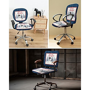 Christmas Plaid Snowman Office Chair Cover Stretchable Computer Chair Seat Cover Backrest Slipcovers, Stretchable Rotating Desk Chair Seat Cushion Split Protectors Buffalo Snowflake Snow Tree
