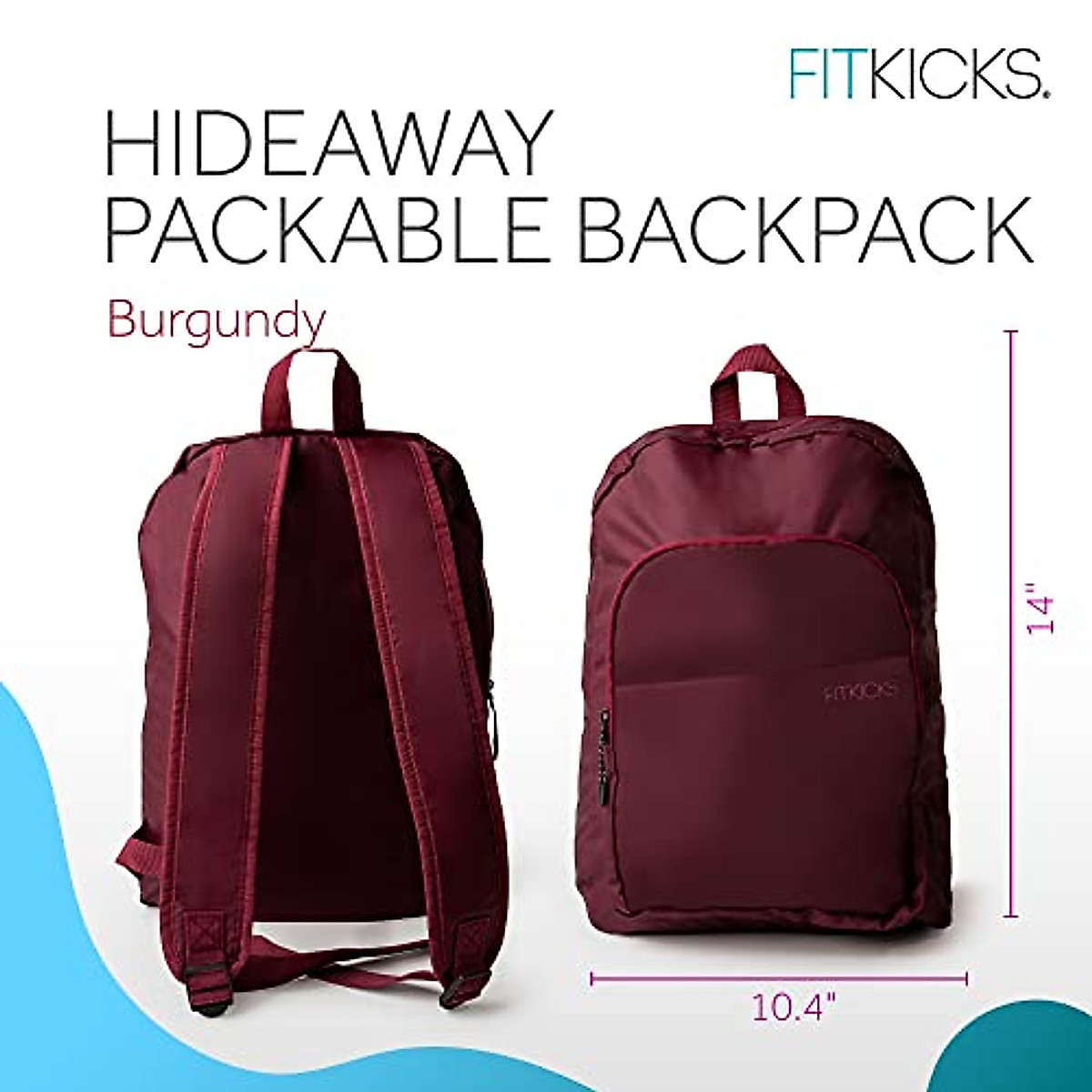 FITKICKS Hideaway Packable Zippered Backpack, Hiking, Camping, Outdoor and Sport Travel Backpack, Day Pack for Women and Men, Burgundy