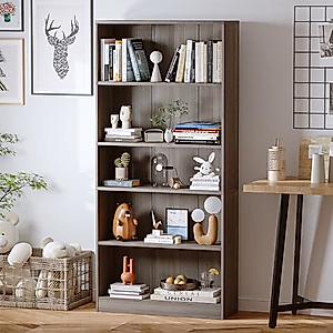 VICLLAX 5-Shelf Wood Bookcase, Wide Adjustable Open Bookshelf, Tall Display Storage Shelf for Living Room, Bedroom, Kids Room, Office, Grey
