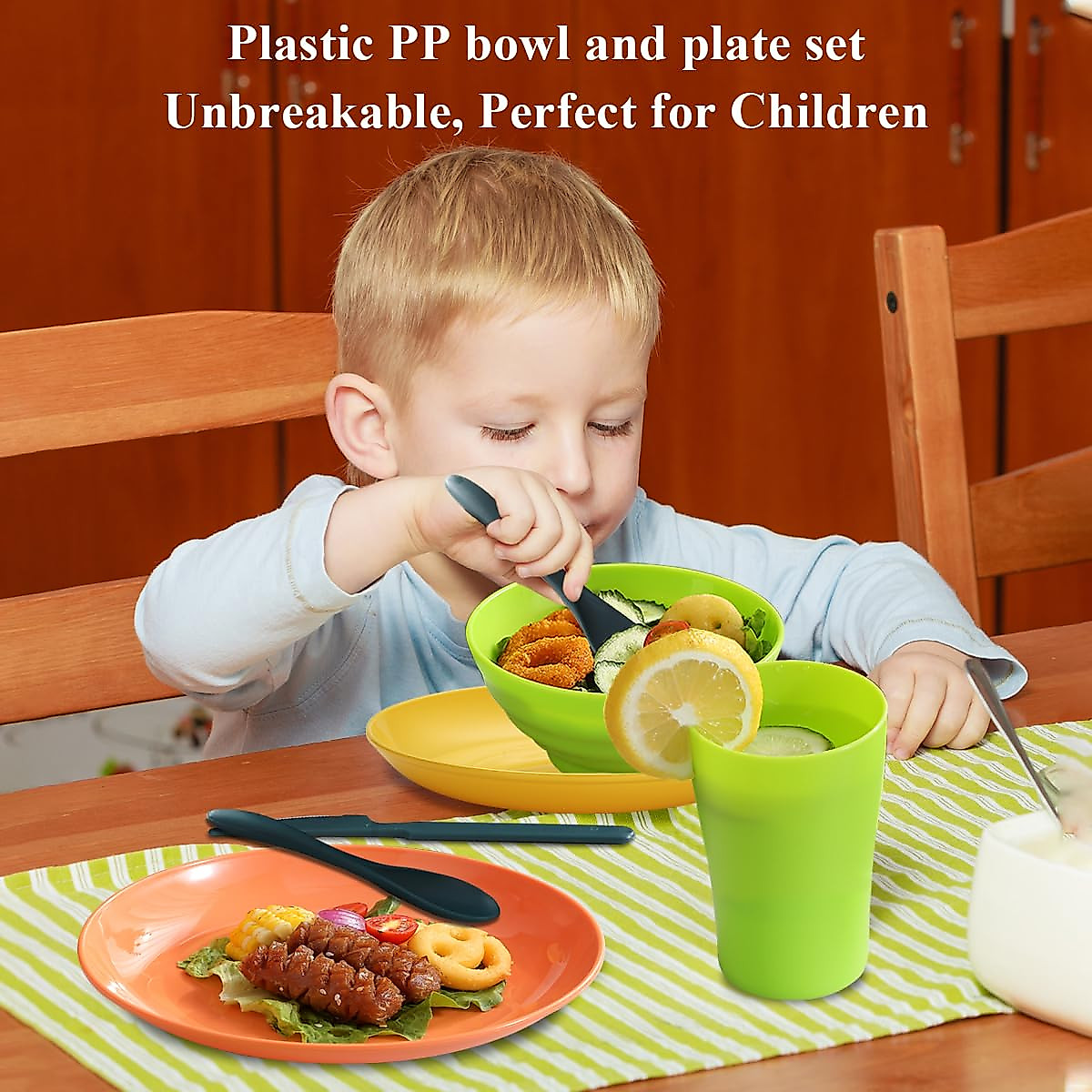 Evanda Plastic Dinnerware Set 28 Piece, Reusable Light Weight Mugs, Bowls, Dishes, Knives, Forks, Spoons for Camping Picnics And Everyday Use, Dishwasher Safe (Mutil Color)