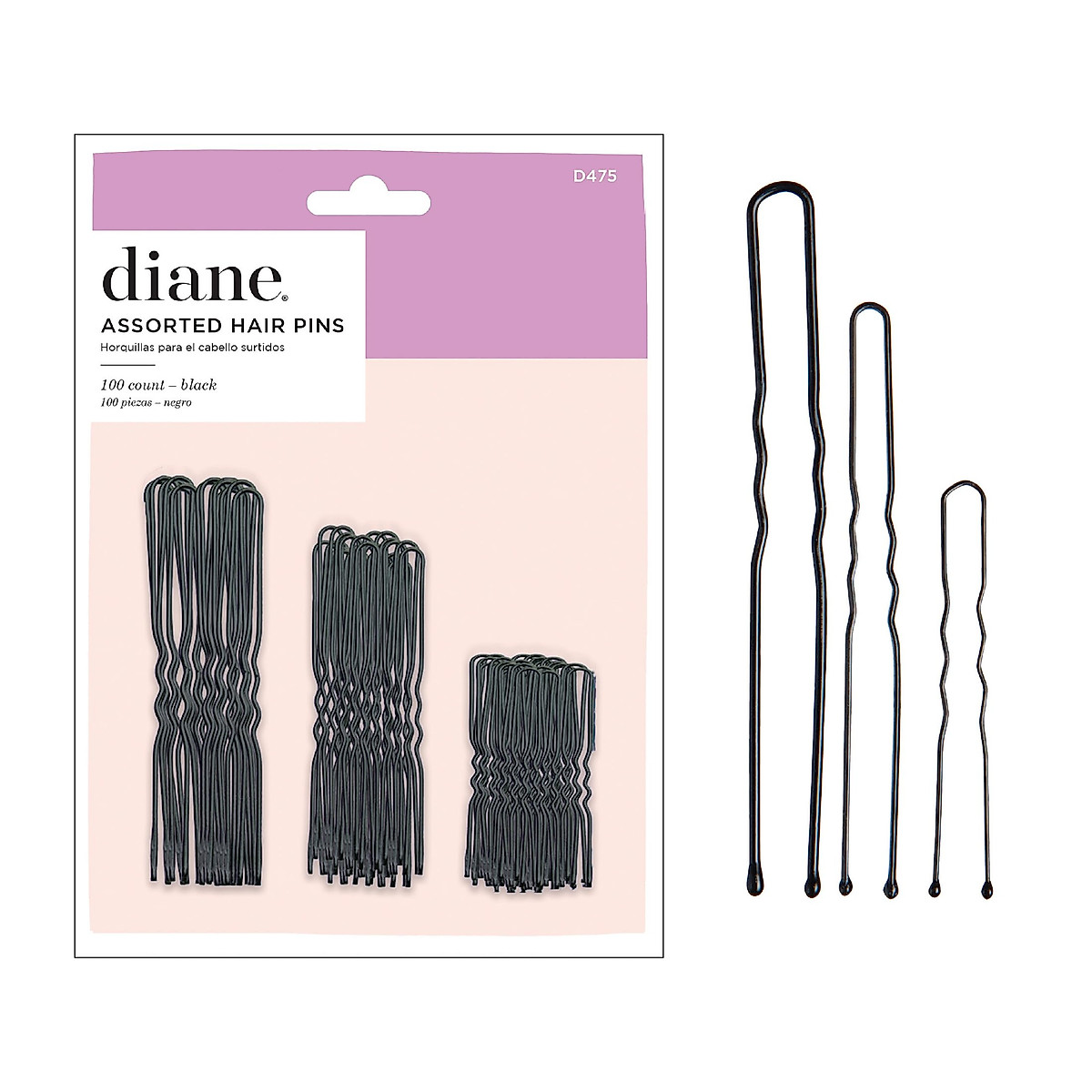 Diane Hair Pins for Women Bulk Pack of 100 Assorted Sizes Jumbo 3, Large 2.5, Medium/Small 1.75 - Black, Crimped Design with Ball Tips, D475-100 Count(Pack of 1)