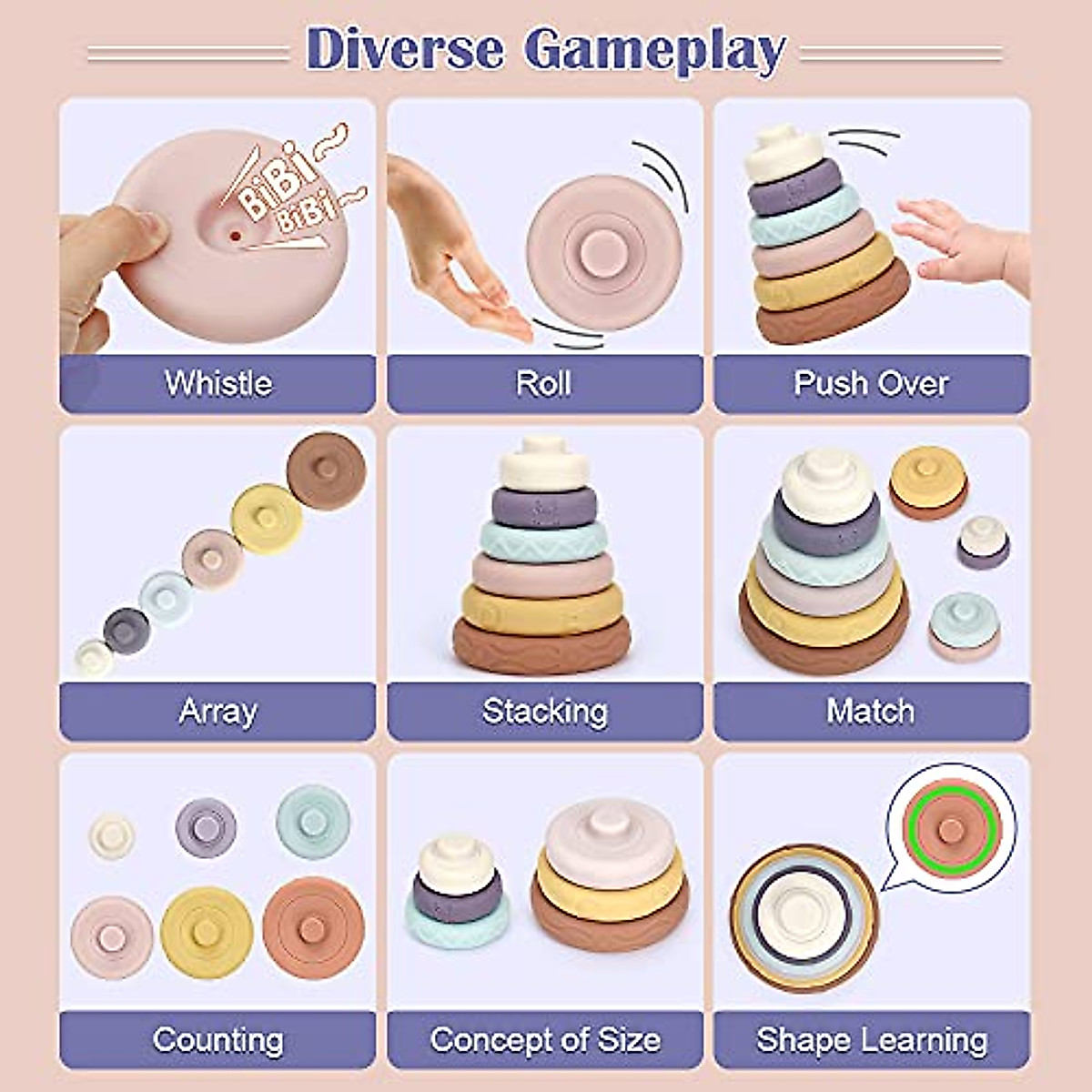 Mini Tudou Stacking & Nesting Circle Toy,6 Pcs Soft Building Rings Stacker & Teethers,Squeeze Play with Early Educational Learning Stacking Tower, Toy for 6+ Months Boys & Girls
