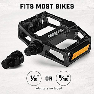 Mongoose Adult Mountain Bike Pedals, 1/2" and 9/16" Adapters, Durable Alloy Bicycle Platform Pedal, Refective Strips, MTB Bike Accessories, Black