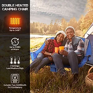 ANTARCTICA GEAR Heated Double Camping Chair, 2-Person Folding Chair with 12V 16000mAh Battery Pack, Heated Portable Loveseat Chair, for Outdoor