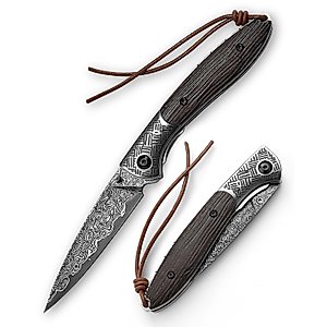 TRIVISA 3.15" Handmade Damascus Folding Pocket Knife，EDC Knives Gift for Men，Tree Texture Ebony wood Handle，Ceramic Bearings，Thumb Stud, Steel Bolster, Liner Lock.Piscis Austrinus-01E